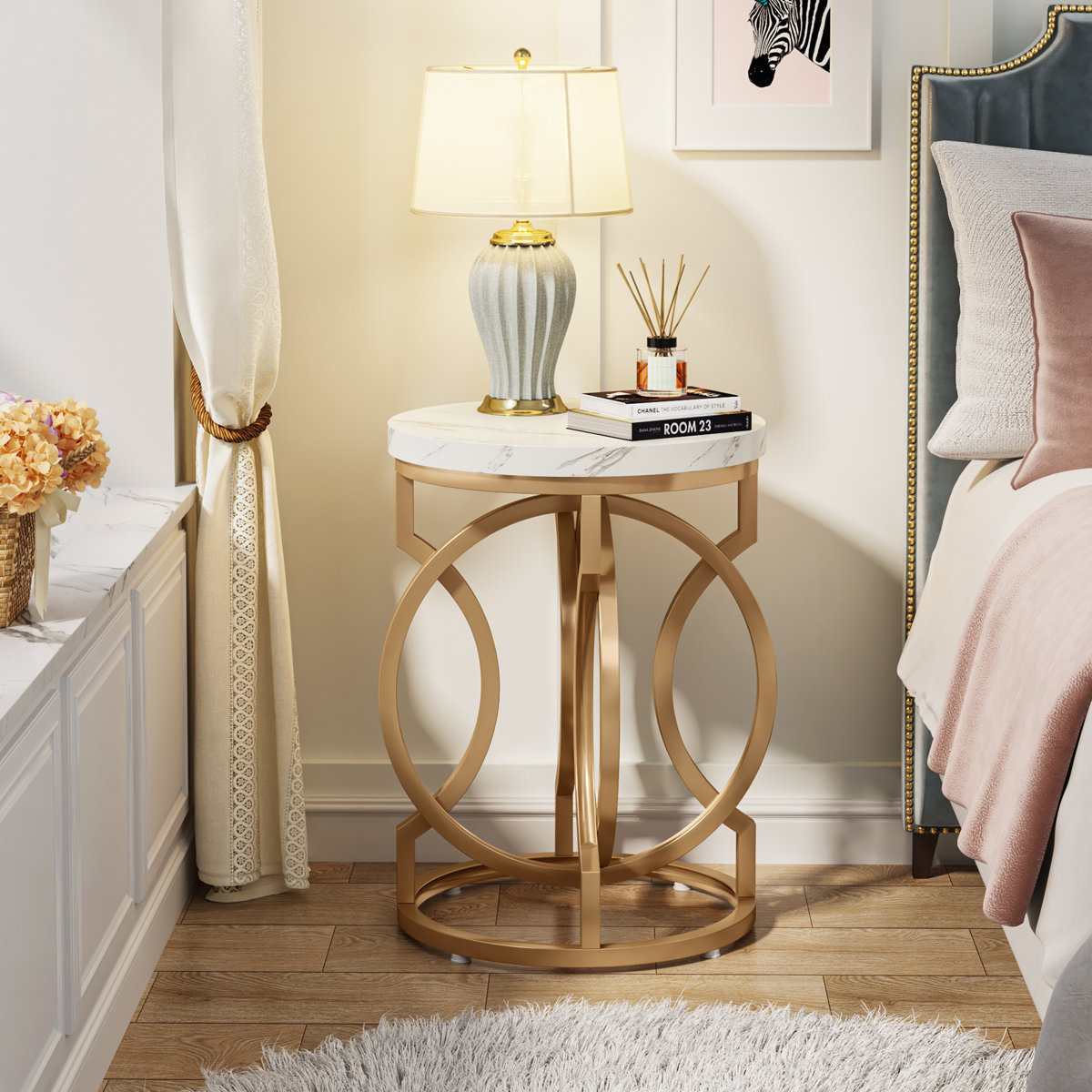 Everly Quinn Masonlee 19.7"W Gold End Table, Round Side Table with Faux Marble Top & Reviews ...